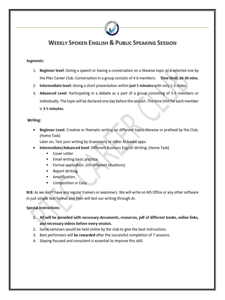 Weekly English & Public Speaking Sessions | PDF