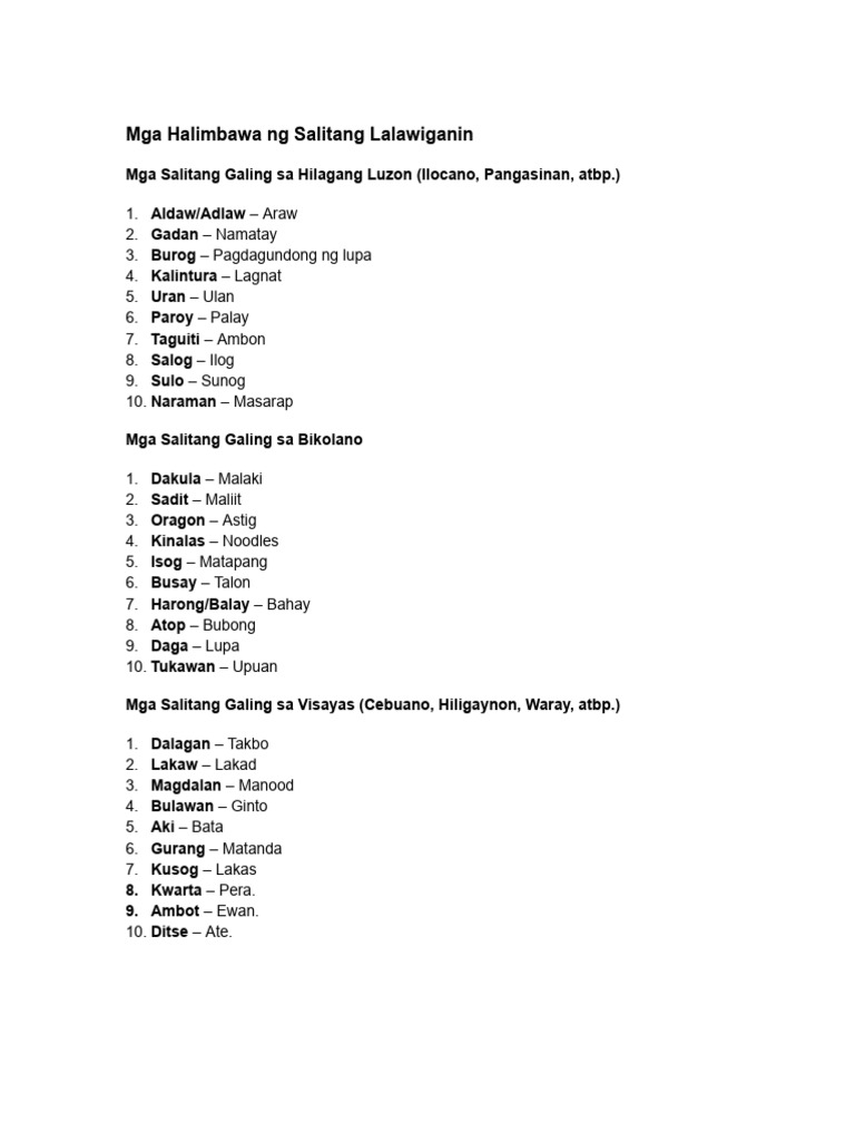 Mga Halimbawa ng Salitang Lalawiganin delete (1) | PDF