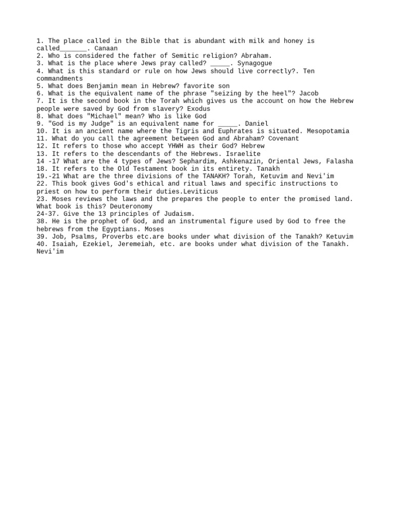 Judaism Quiz Questions and Answers | PDF