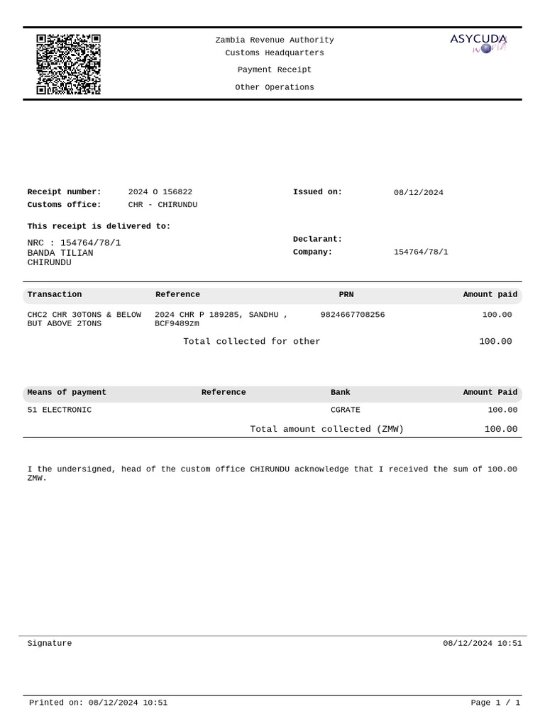 Zambia Customs Payment Receipt 2024 | PDF