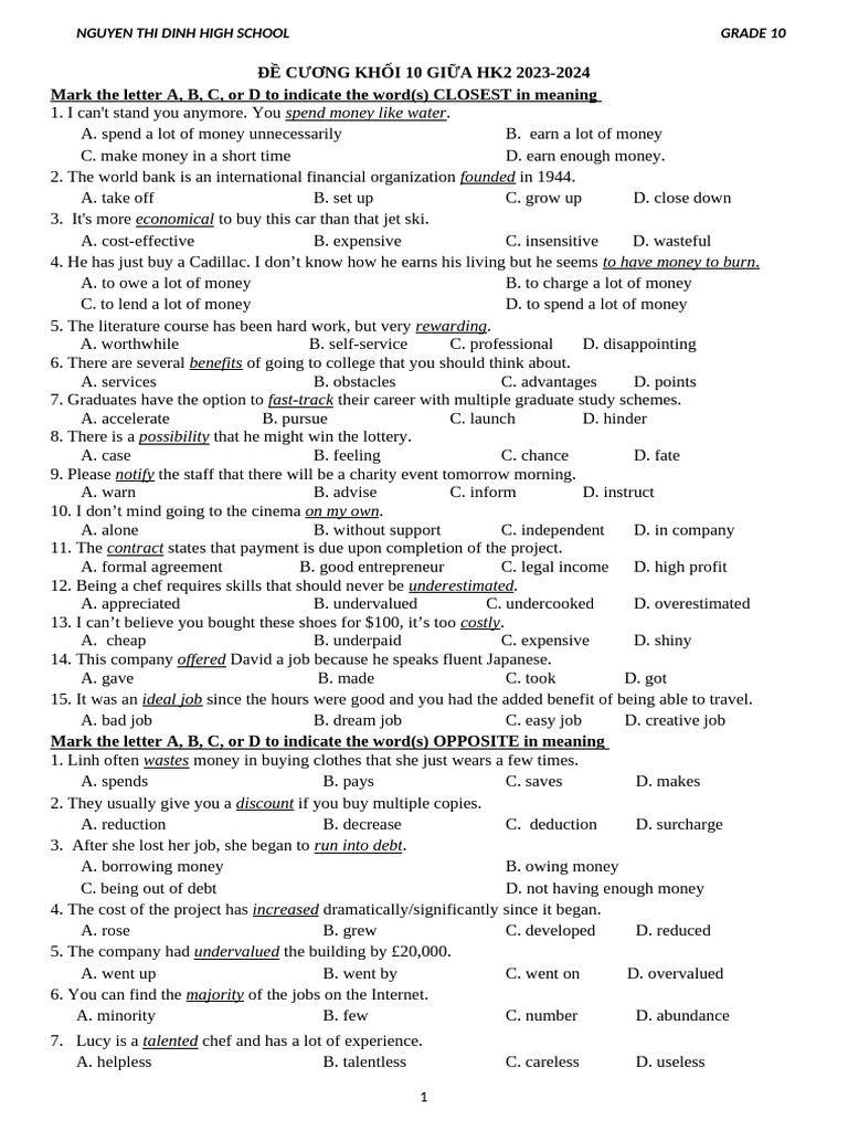 Grade 10 English Vocabulary Practice | PDF