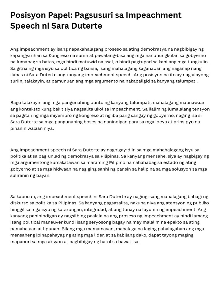 Posisyon Papel Pagsusuri Sa Impeachment Speech Ni Sara Duterte | PDF