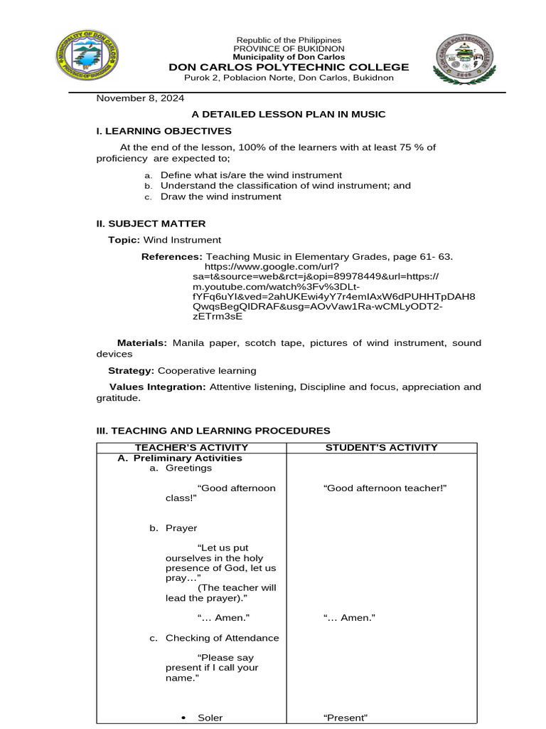 Lesson plan in Music | PDF | Brass Instruments | Woodwind Instruments