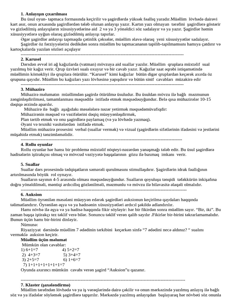Təlim Üsulları Haqqında Oxu Materialı | PDF