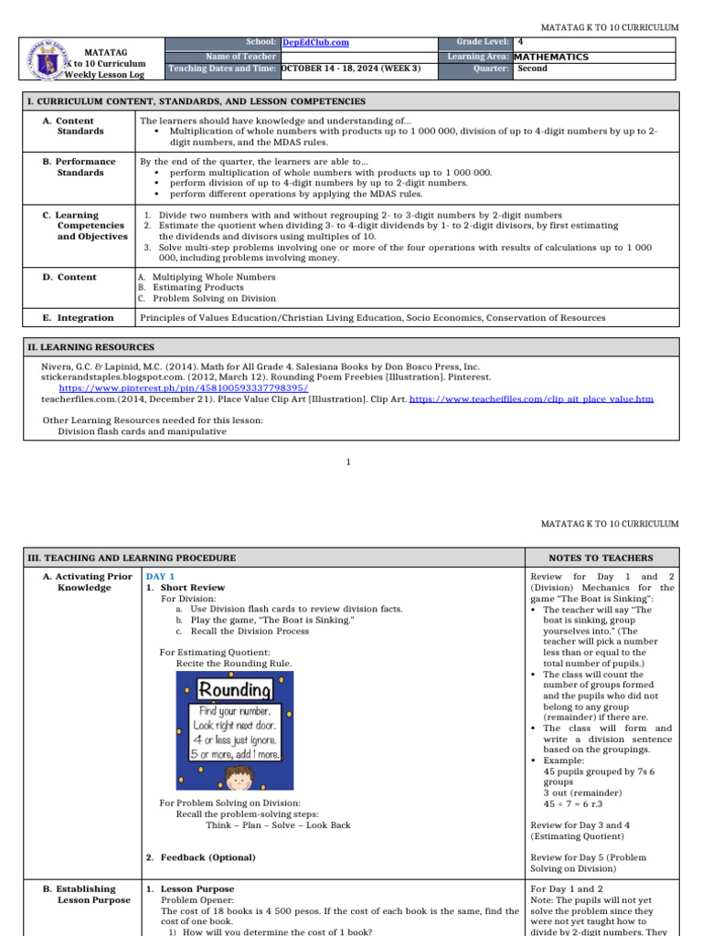 DLL Matatag - Math 4 Q2 W3 | PDF | Division (Mathematics) | Curriculum