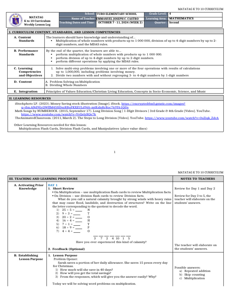 DLL MATATAG _MATH 4 Q2 W2 | PDF | Mathematics | Arithmetic