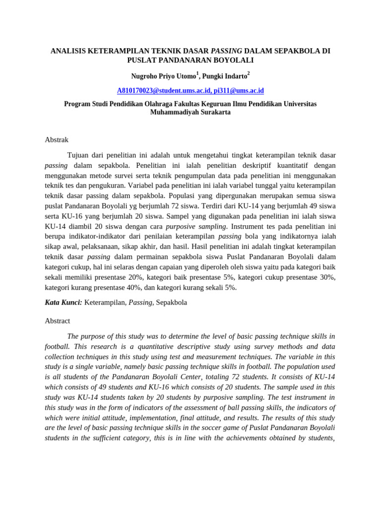 Analisis Keterampilan Teknik Dasar Passing Dalam Permainan Sepakbola Di Puslat Pandanaran ...