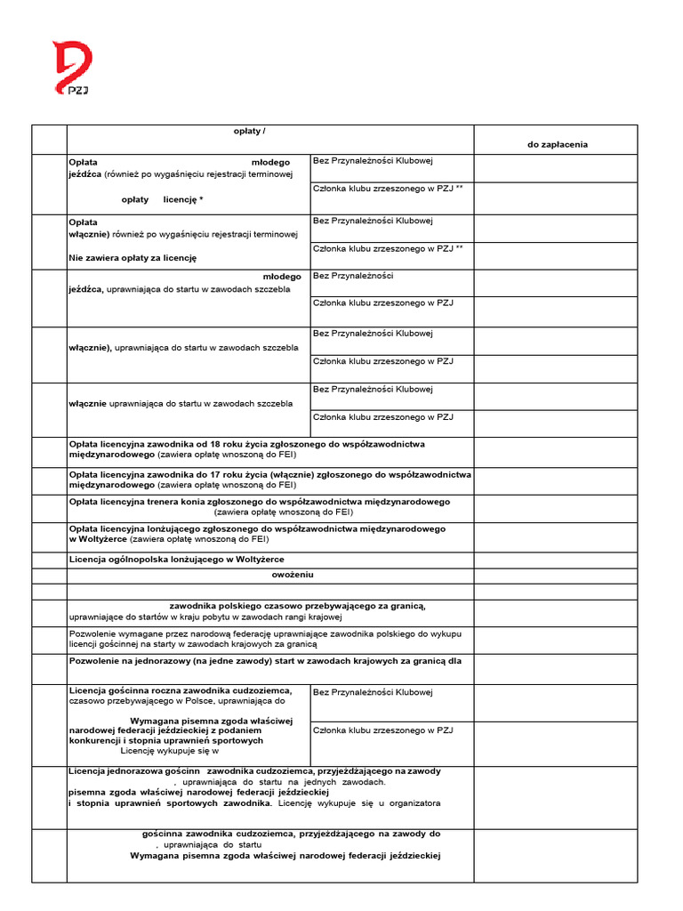 Cennik Pzj 2025 Zawodnik | PDF