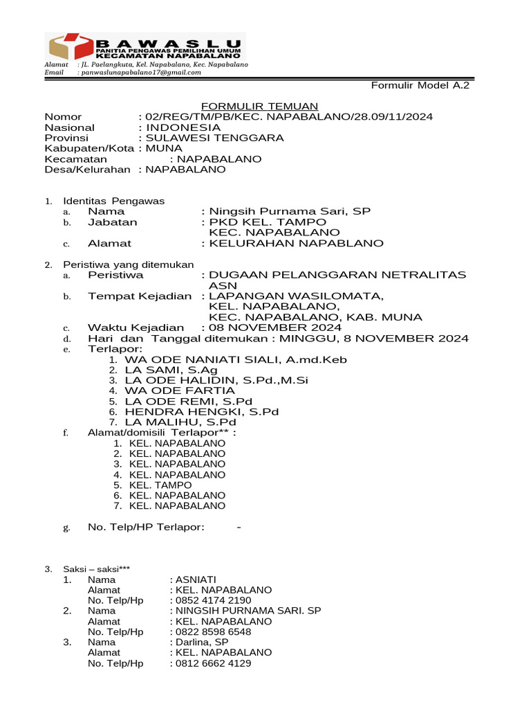 Formulir Model A 2 tangga 8 november | PDF