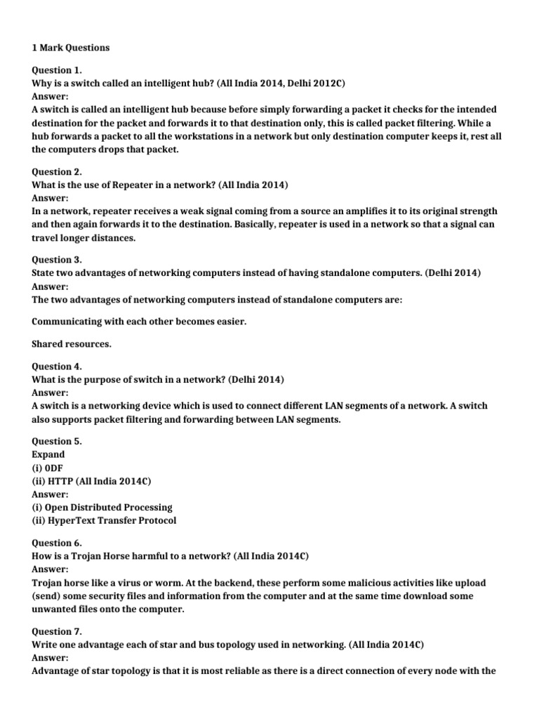 1 Mark Questions | PDF | Computer Network | Network Topology