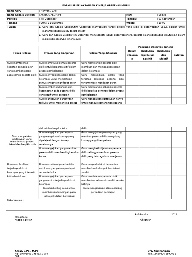 FORMULIR PELAKSANAAN OBSERVASI KINERJA GURU (Formulir B) | PDF