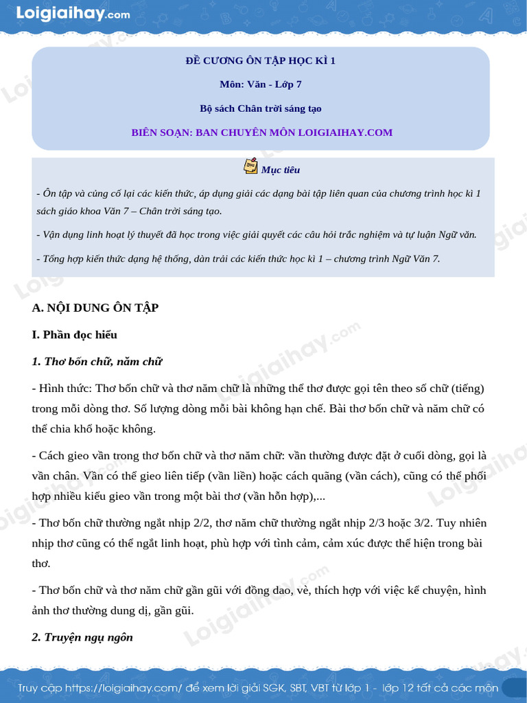 De Cuong On Tap hk1 Van 7 Chan Troi Sang Tao Co Dap An 1703835799 | PDF
