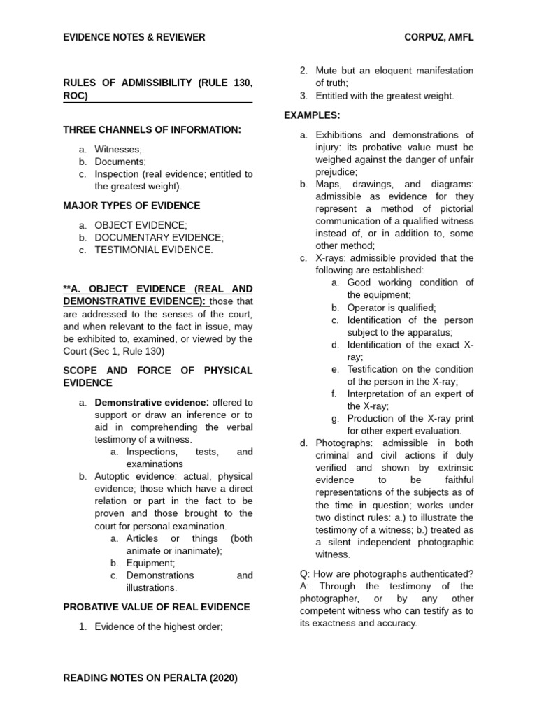 EVIDENCE READING NOTES | PDF | Evidence (Law) | Relevance (Law)
