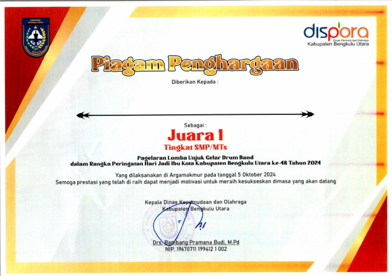 Piagam Penghargaan Juara 1 | PDF