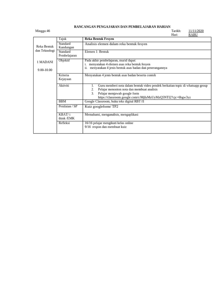 RBT 1m RPH PKPB Minggu 46 | PDF