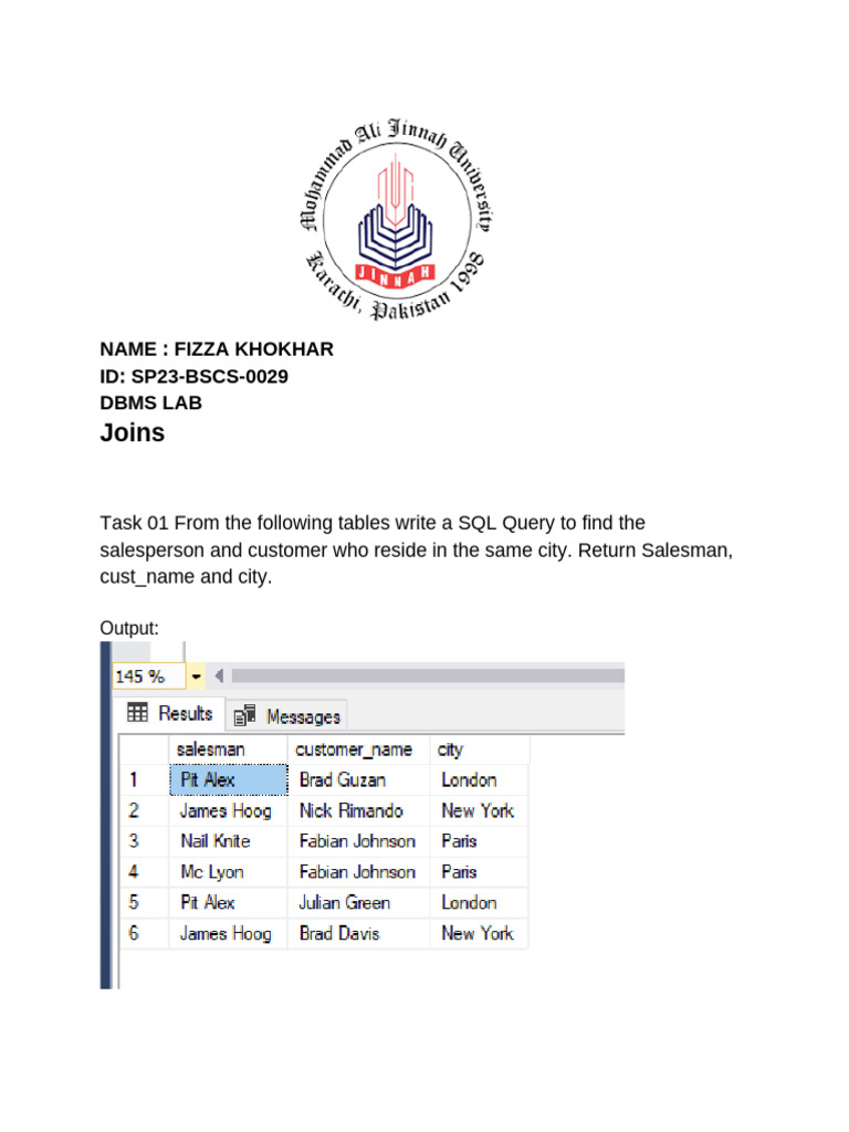 SP23-BSCS-0029 LAB TASK JOINS | PDF