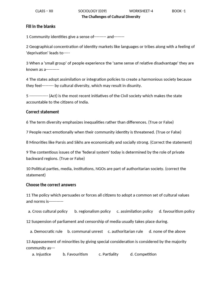 Class 12 Sociology: Cultural Diversity Worksheet | PDF | Multiculturalism | Cultural Politics
