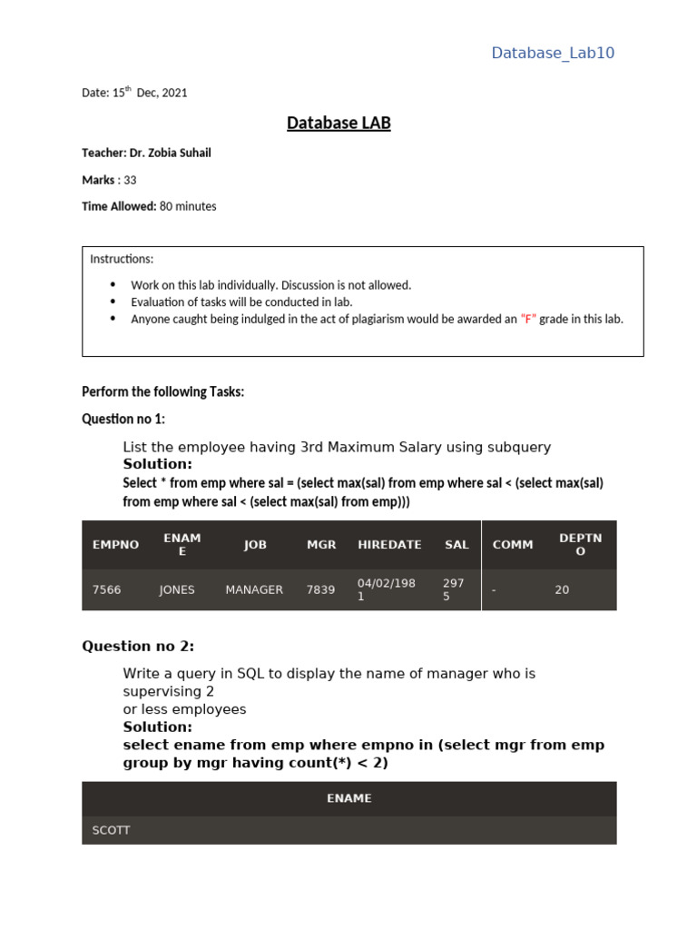 SQL Queries for Employee Database Lab | PDF
