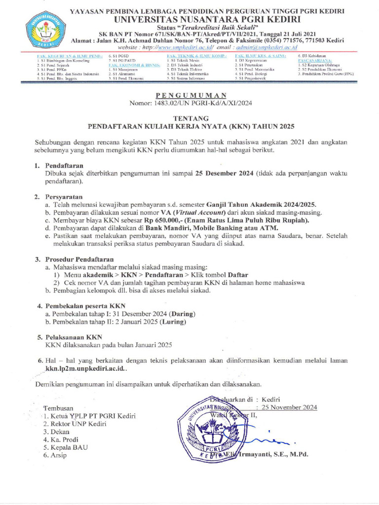 Pengumuman Pendaftaran Kuliah Kerja Nyata (KKN) Tahun 2025 | PDF
