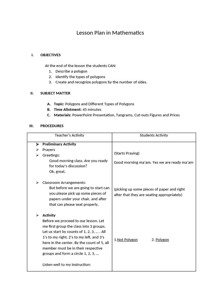 Polygons-LESSON-PLAN-3 Final | PDF | Vertex (Geometry) | Angle