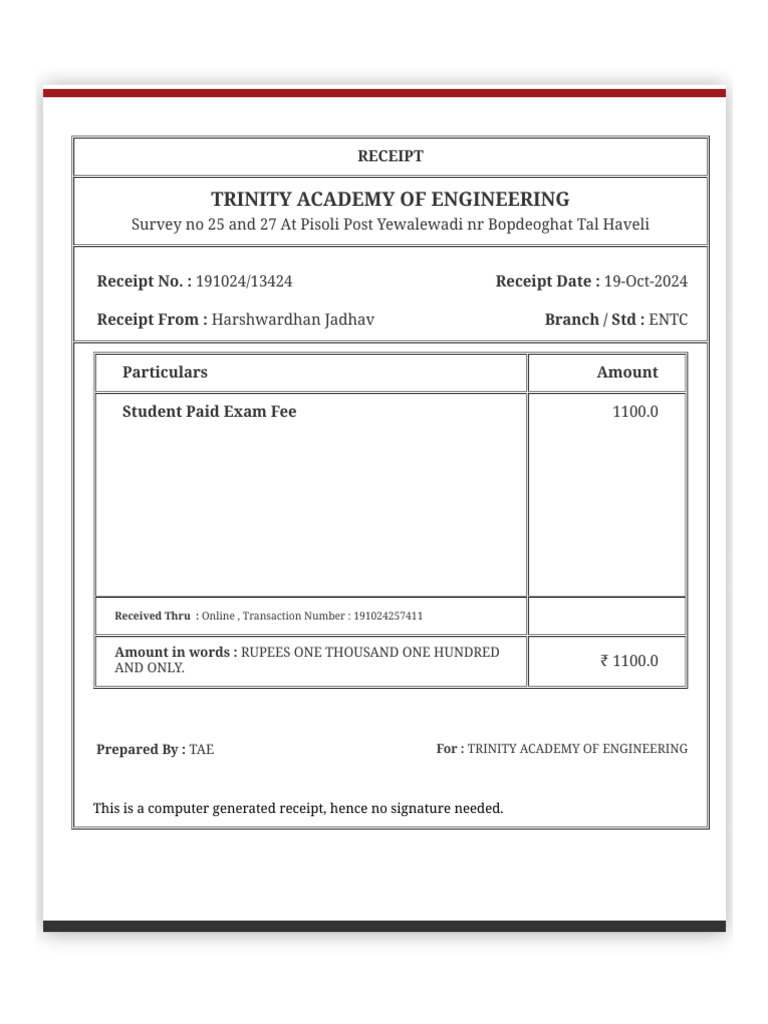TAE College _ Receipt. | PDF