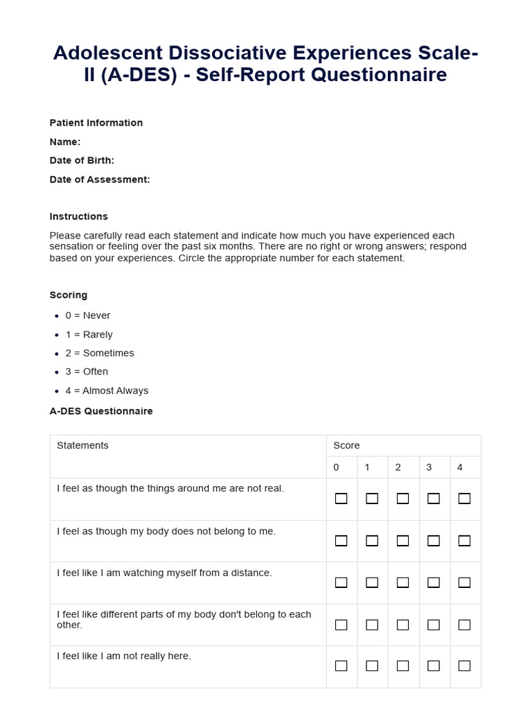 A-DES II Self-Report Questionnaire | PDF | Self Report Study ...
