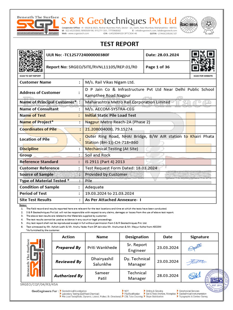 Final Report (Rep No. 01) of Initial Vertical Pile Load Test - Nagpur ...