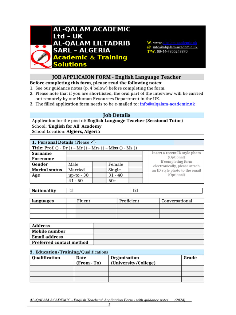 English For All Academy - Application Form - English Teacher | PDF ...