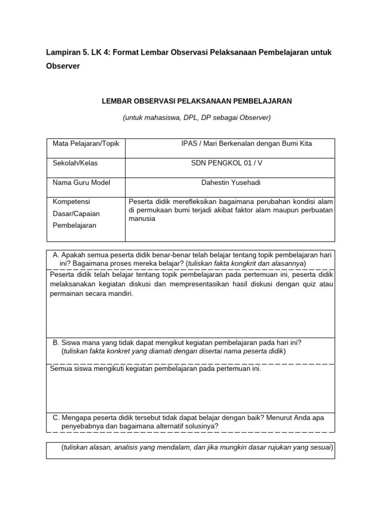 Siklus 3 - Lampiran 5. LK 4 Format Lembar Observasi Pelaksanaan Pembelajaran Untuk Observer ...