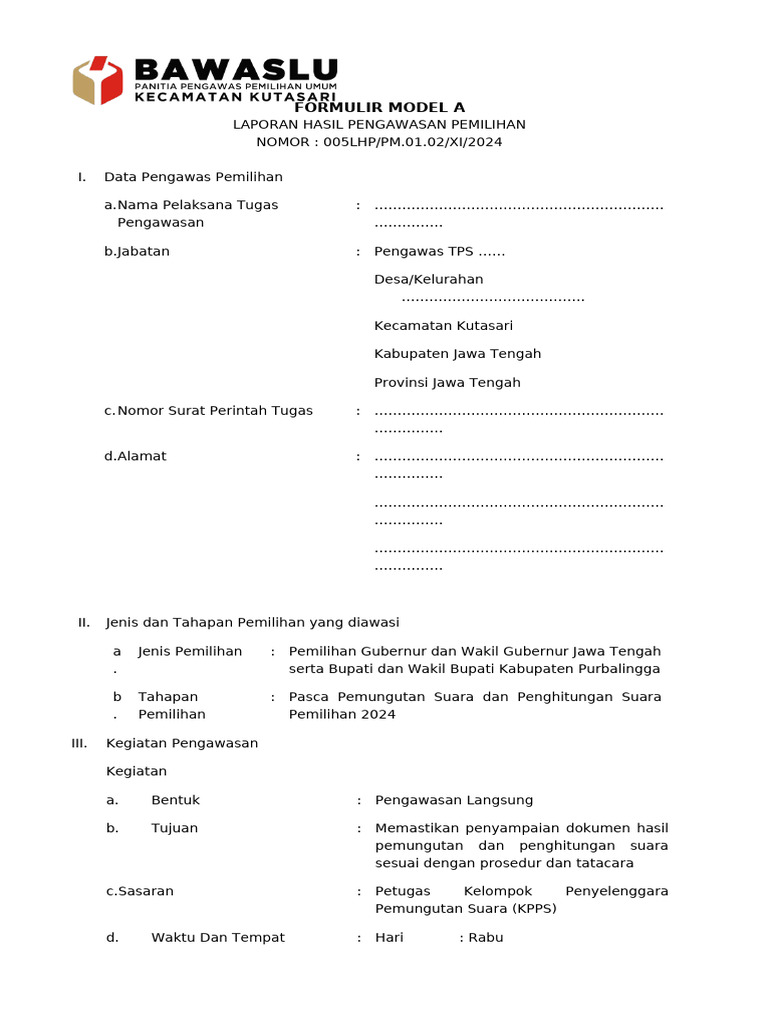 Form A Pengawasan Pilkada 2024 - (Pasca Pemungutan Dan Penghitungan ...