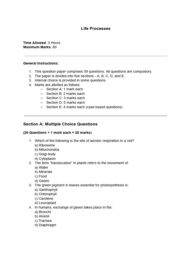 Life Processes Exam Paper | PDF | Heart | Blood