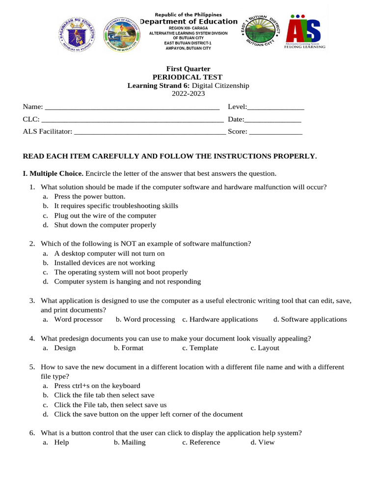 Periodical Test - Quarter 1 - Learning Strand 6 | PDF | Page Layout ...