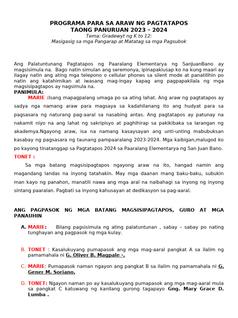 SJBES_SPIEL-GRADUATION-CEREMONY-TAGALOG_S.Y_2023-2024 | PDF