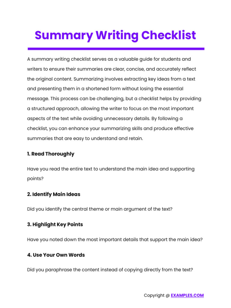 Summary Writing Checklist | PDF