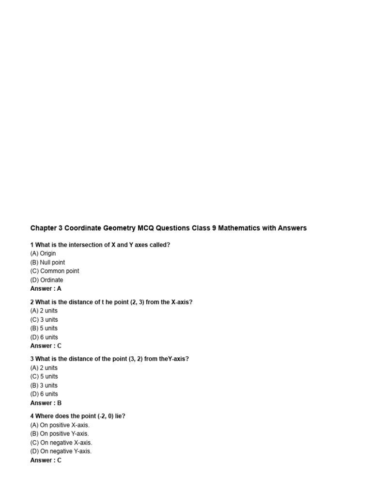 Cbsc 9 Coordinate Geometry Mcqs Pdf Cartesian Coordinate System