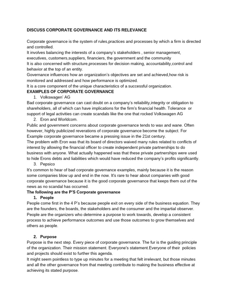 Corporate Governance and Its Relevance | PDF | Governance | Corporate Governance