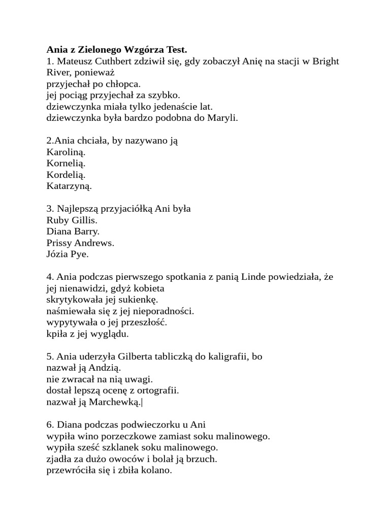 Ania Z Zielonego Wzgórza Test | PDF