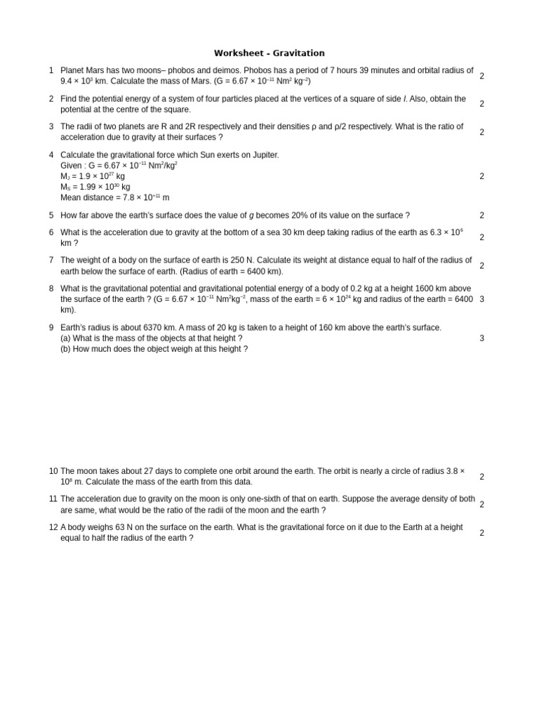 Physics Worksheet - Gravitation | PDF | Mass | Gravity