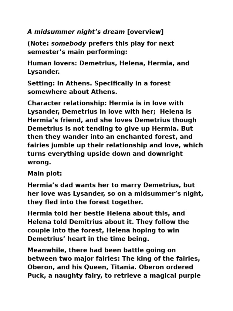 Midsummer Night's Dream Overview | PDF