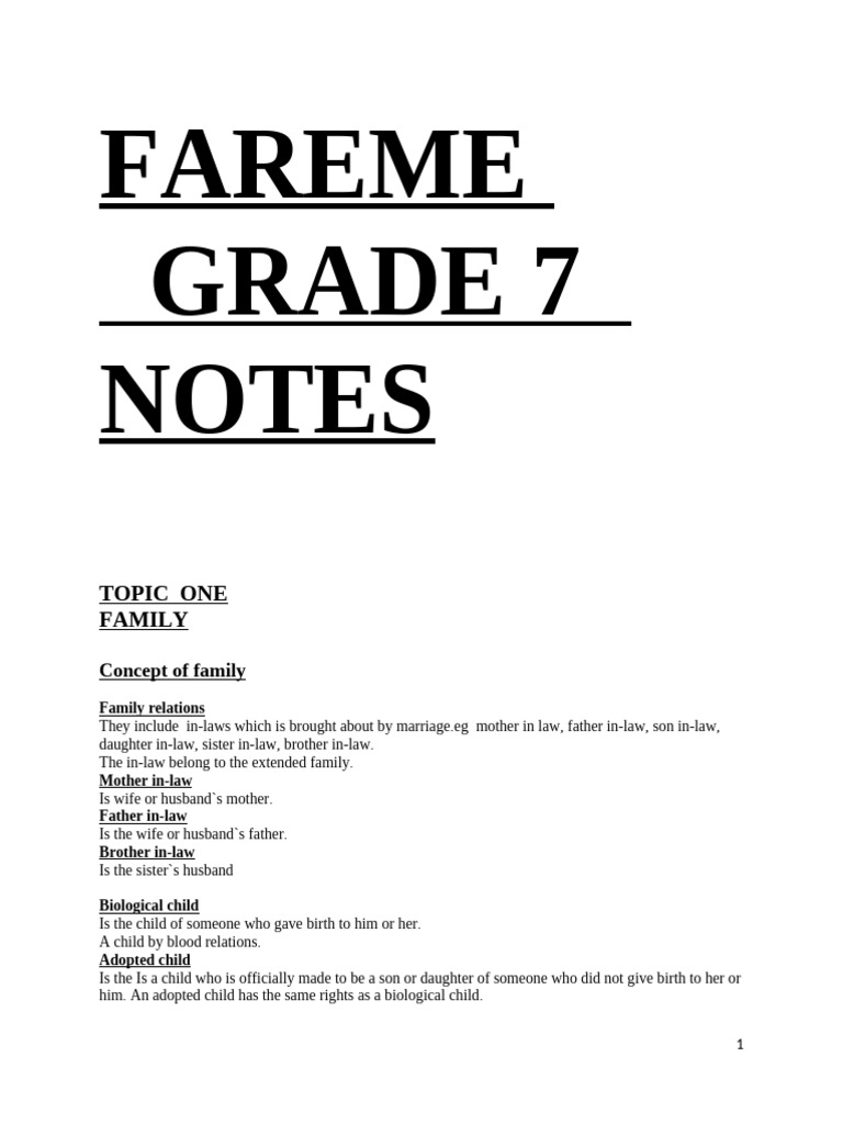 Fareme Grade 7 Notes | PDF | Marriage | Family