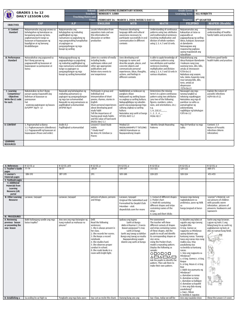 DLL - All Subjects 2 - Q3 - W5 - D1 | PDF