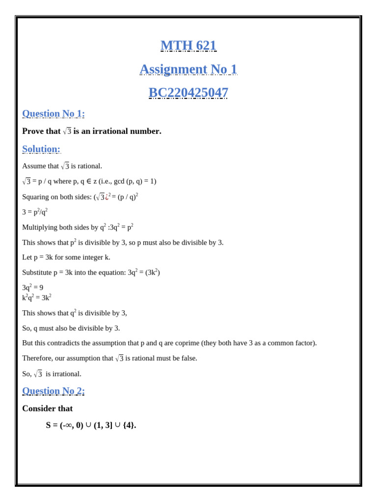MRK - Fall 2024 - MTH621 - 1 - BC220425047 | PDF | Mathematical Logic | Numbers