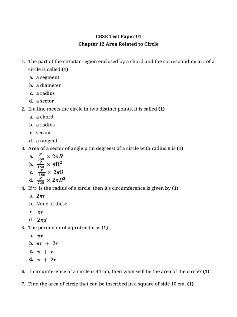 chapter-12-area-related-to-circles-test-01 | PDF | Circle | Area chapter-12-area-related-to-circles-test-01 | PDF | Circle | Area