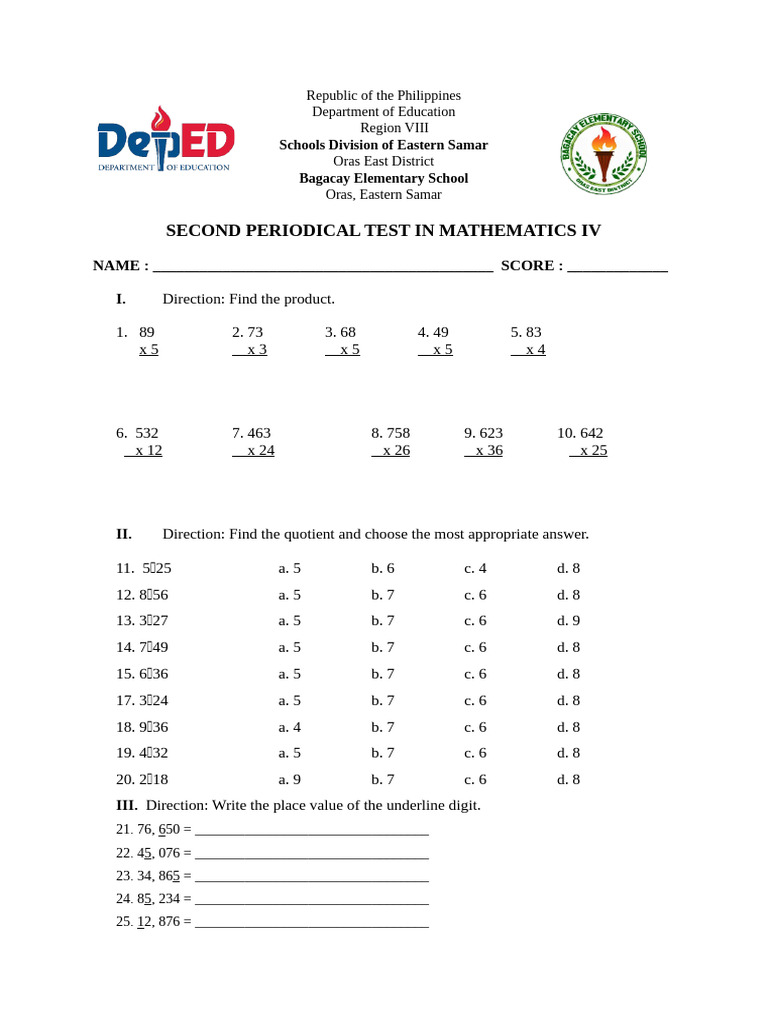 Math IV Periodical Test - Eastern Samar | PDF | Philippines