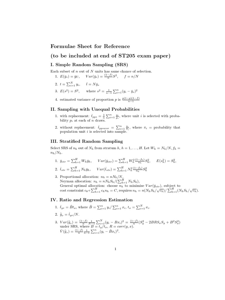 Formula Sheet | PDF | Sampling (Statistics) | Scientific Method