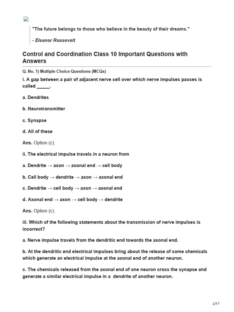 Control and Coordination Class 10 Top Questions and Answers | PDF ...