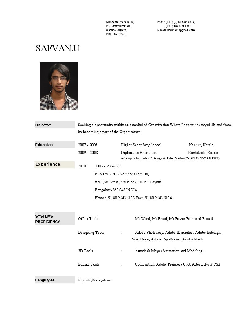Resume of Safvan U - Animation & Office Skills | PDF