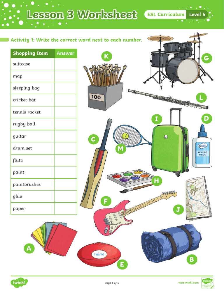 ESL Level 5 Shopping Worksheet | PDF | English As A Second Or Foreign ...