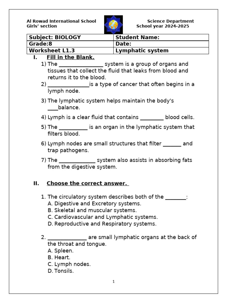 Lymphatic System Worksheet | PDF | Lymphatic System | Human Body