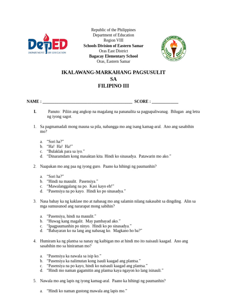 Second Periodical Test in Filipino 3 | PDF